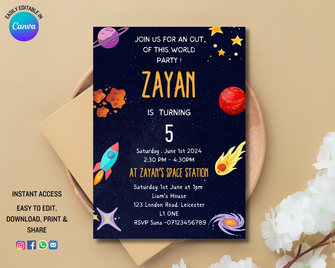 EDITABLE Space Birthday Invitation, Space Party Digital Invite ...