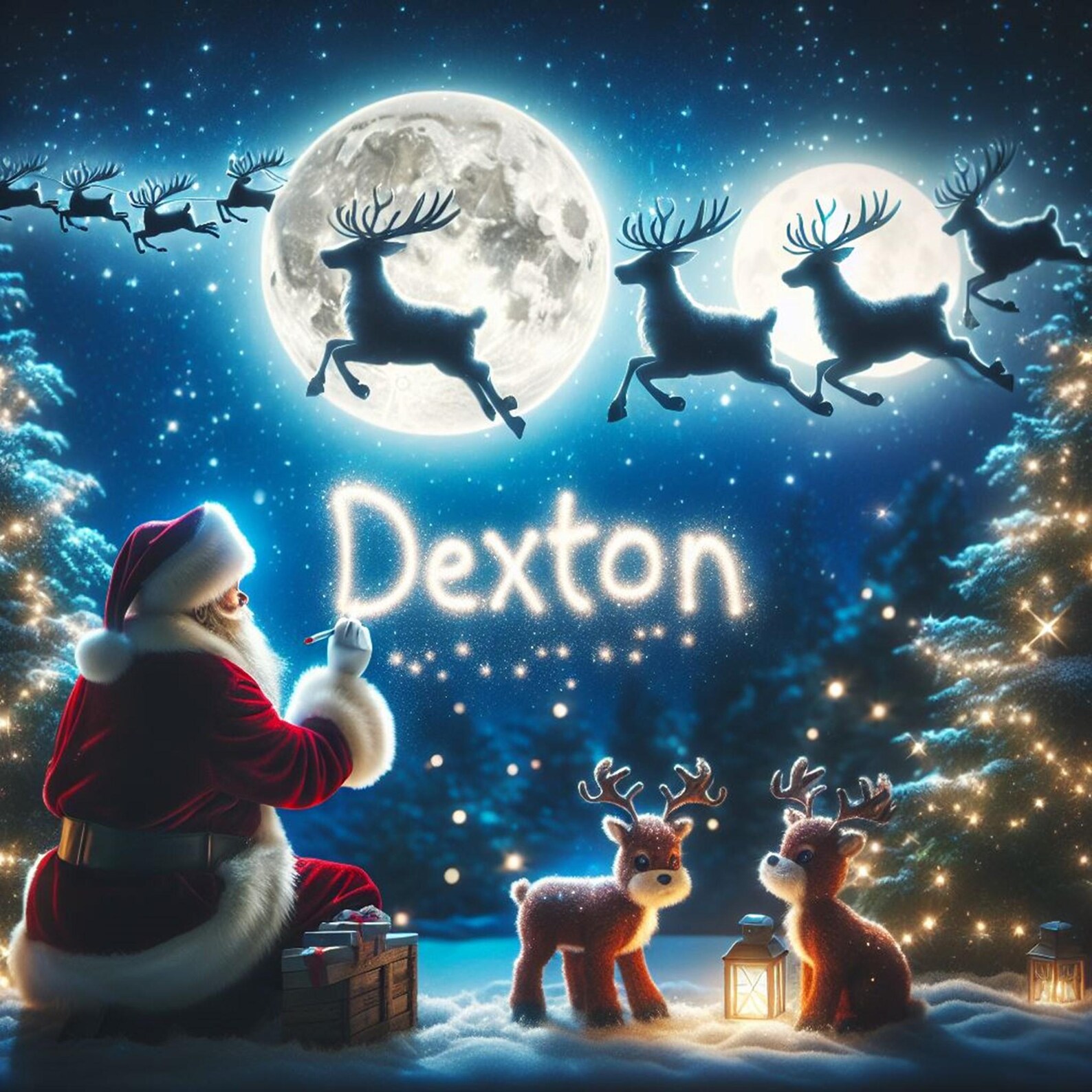 Santa Writing Child's Name in Sky, Magical Christmas Custom Print ...