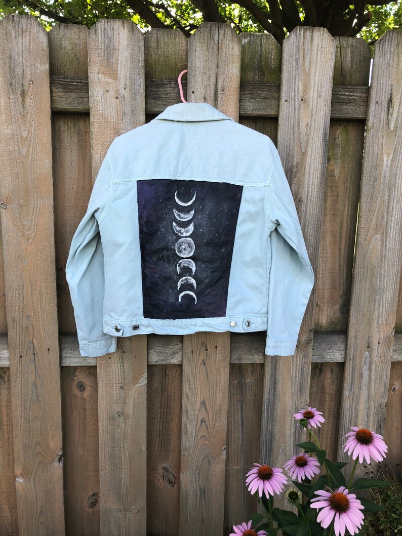 Phases of the Moon Hand-painted Mint-colored Denim Jacket - Etsy