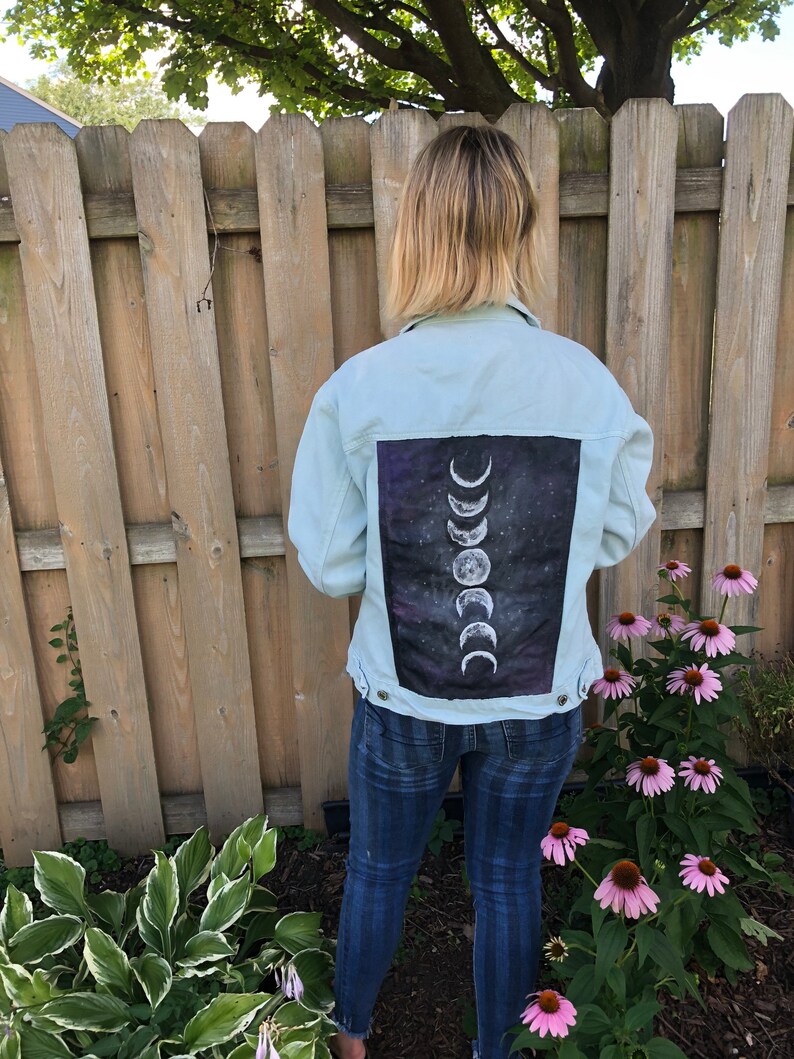 Phases of the Moon hand-painted mint-colored denim jacket | Etsy
