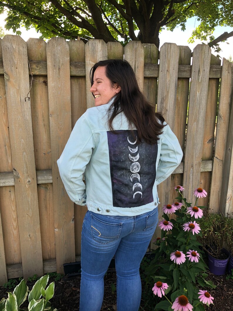Phases of the Moon Hand-painted Mint-colored Denim Jacket - Etsy