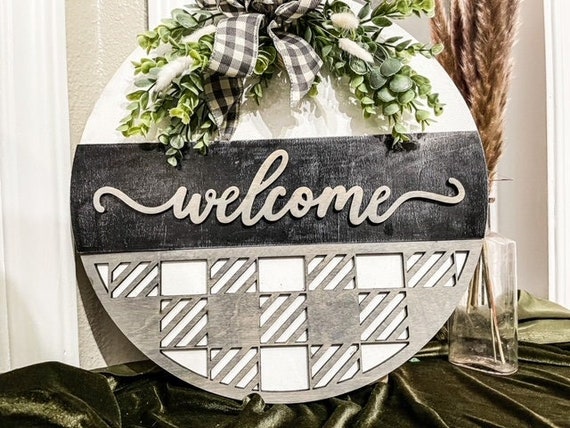 Welcome Front Door Sign Buffalo Plaid Door Hanger | Etsy