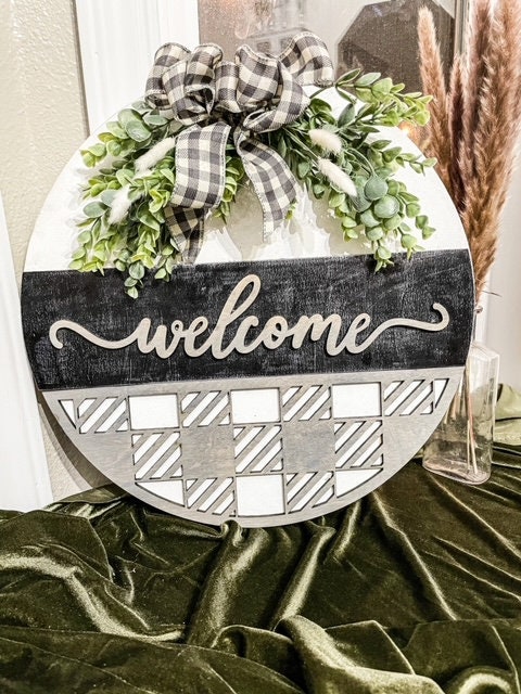 Welcome Front Door Sign Buffalo Plaid Door Hanger | Etsy