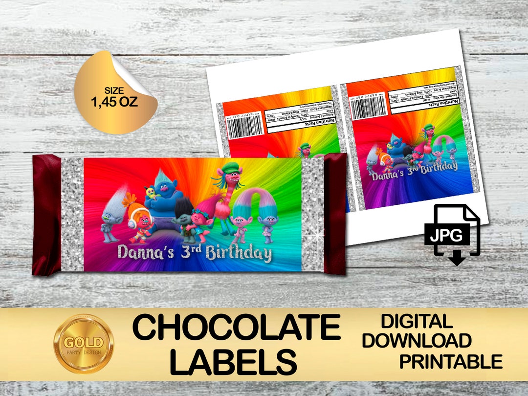 Labels for Trolls Party - Candy Bar Label - 1.45oz Chocolate Label ...