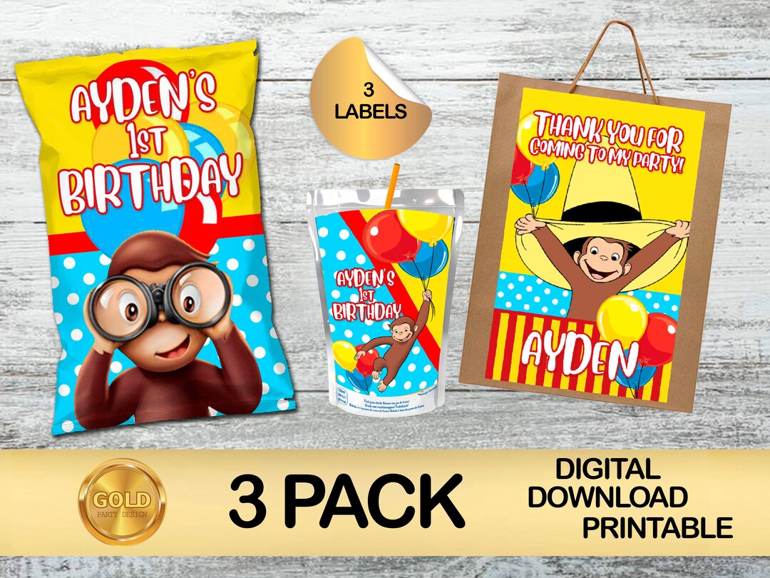Labels for Curious George Party Pack - Chip Bag - Favor Bag - Juice ...