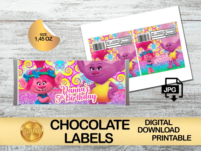 Labels for Trolls Birthday Party Pack - Candy Bar Wrapper - Chocolate ...