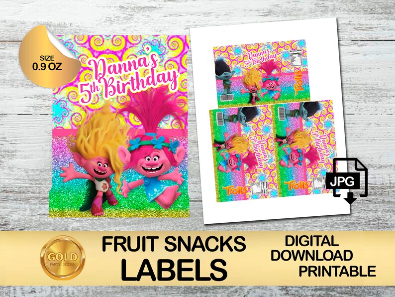 Labels for Trolls Birthday Party Pack - Fruit Snacks Wrapper - Gummies ...