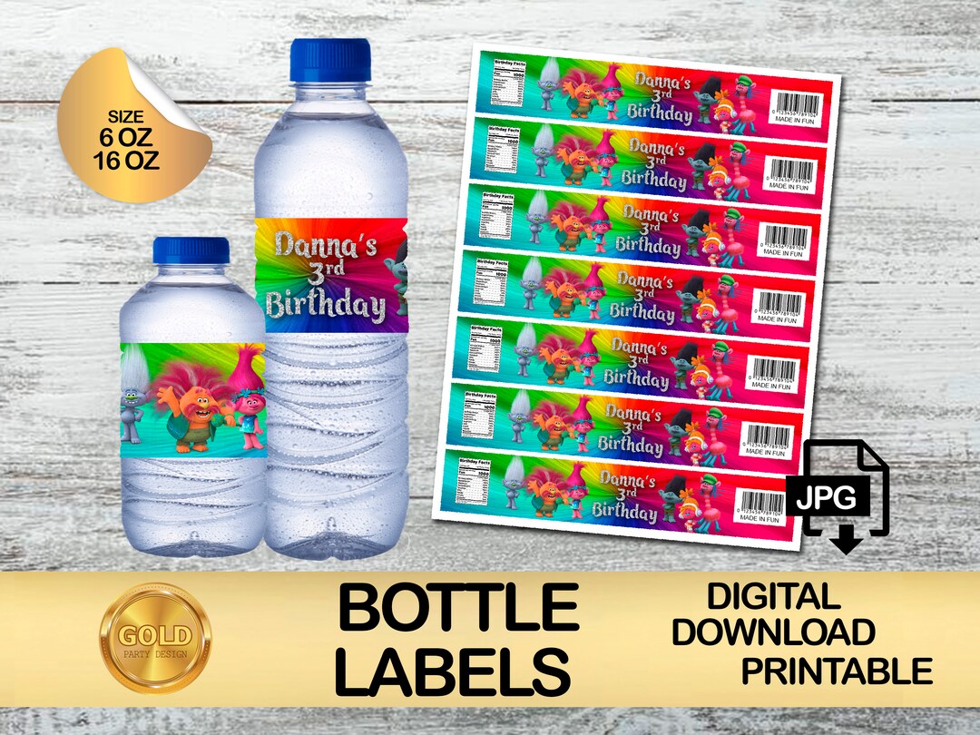 Labels for Trolls Party - Water Bottle Label - DIGITAL DOWNLOAD ...