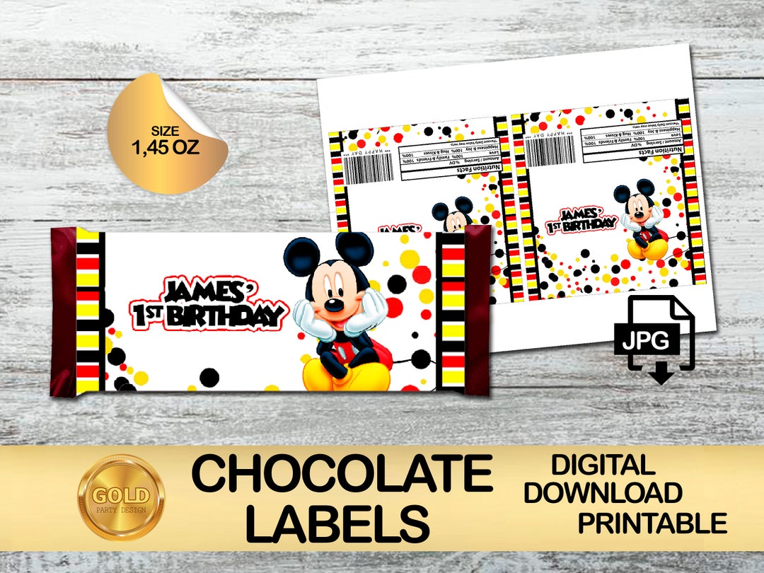 Labels for Mickey Mouse Party - Candy Bar Label - 1.45oz Chocolate ...
