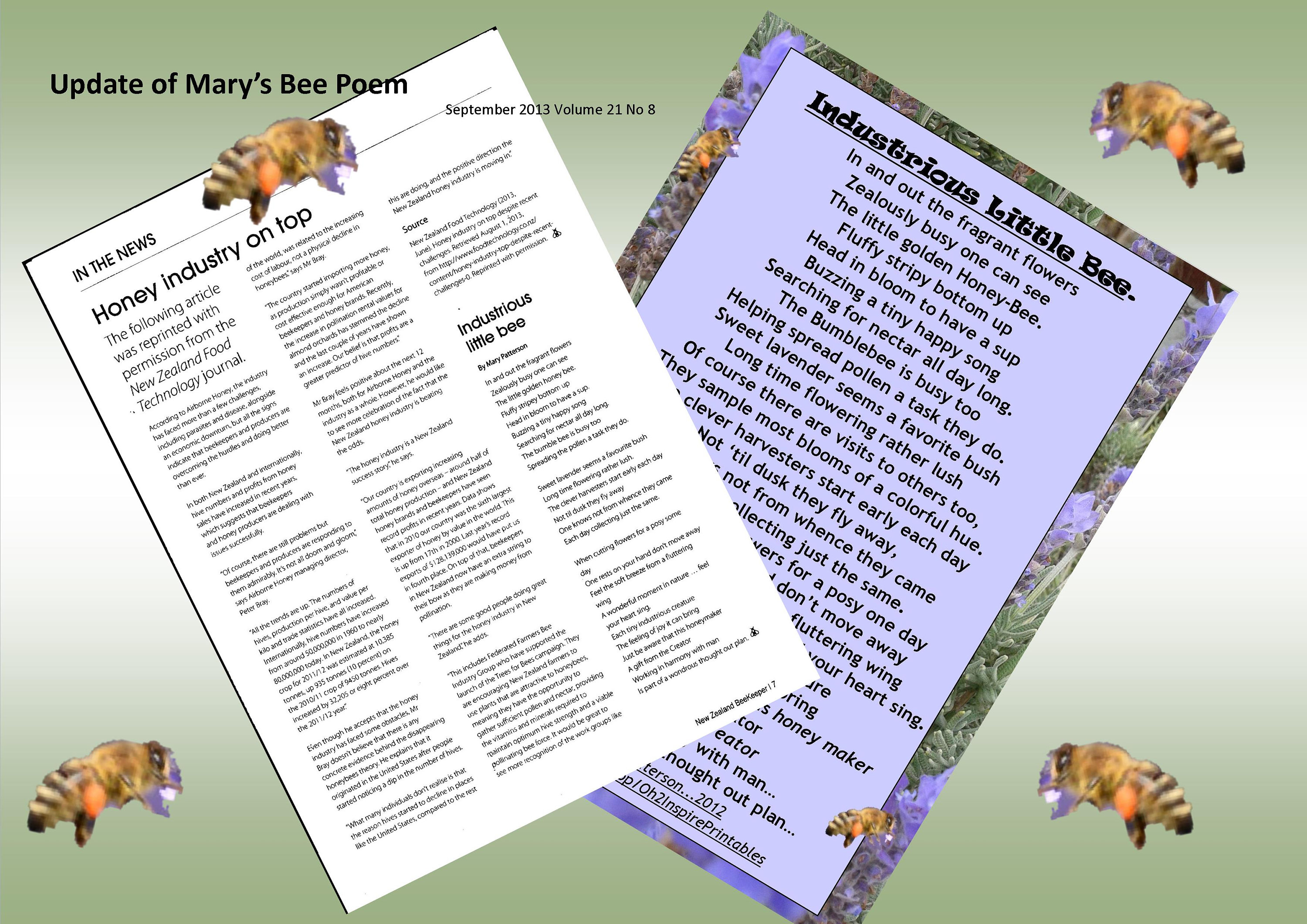 Bee Poem...featured in N.z.beekeeper Magazine...industrious Little Bee ...