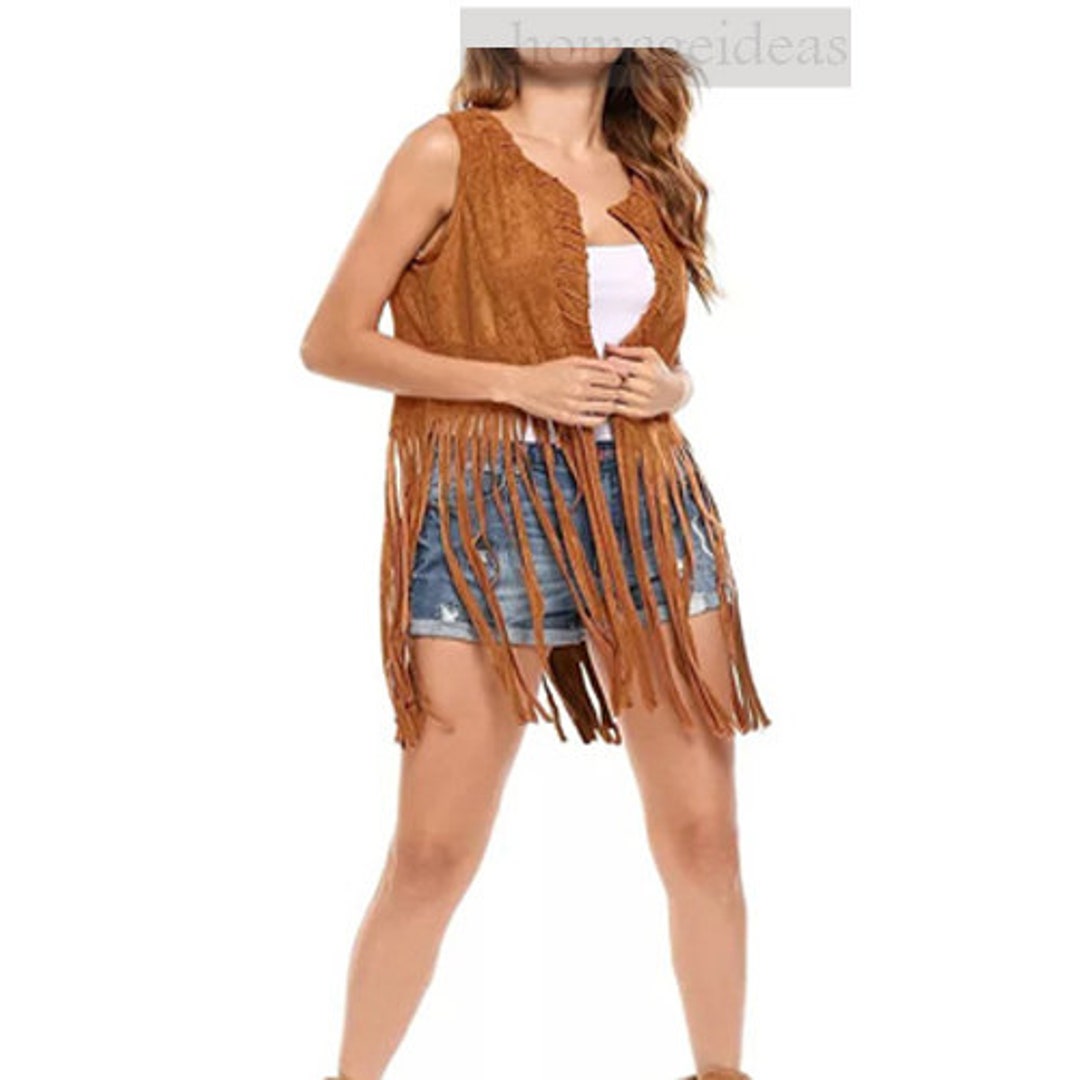 Women's Sheepskin Suede Tan Leather Biker Vest, Western Fringe Vest, Women Tasseled Vest, Native ...