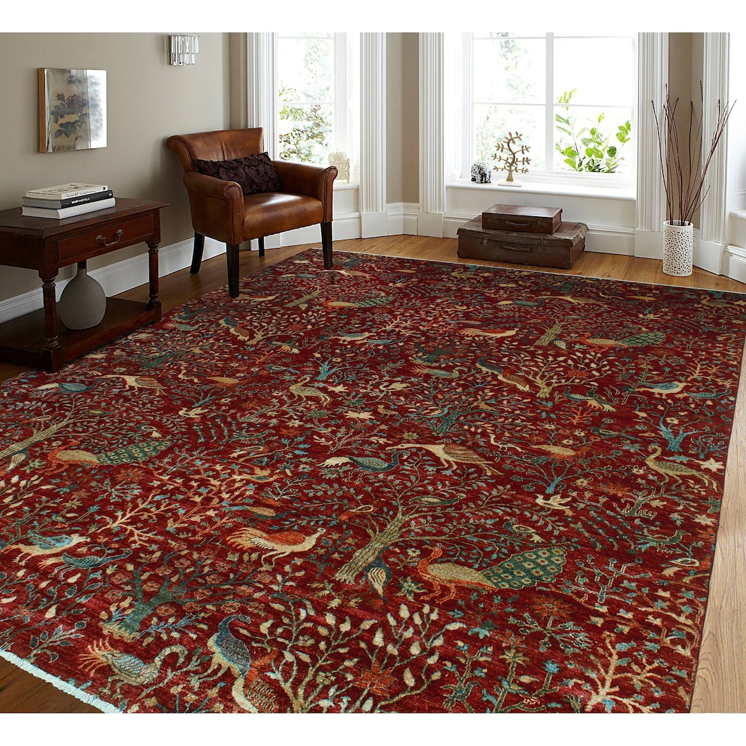 9 X 12 Ft Tree of Life Rug, Birds Hunter Red Rug, Peacock Birds Rug ...