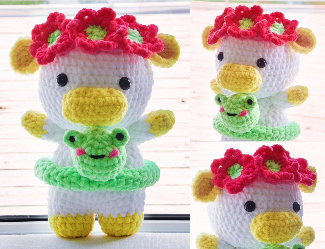 Crochet Animal Pattern Cow With Flower Crown and Frog Floatie jumbo ...