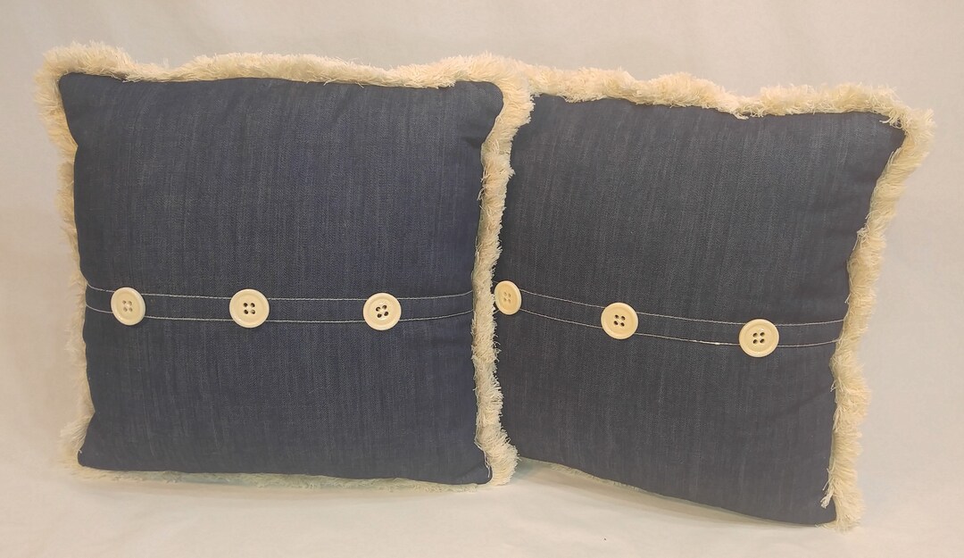 Pair of Vintage Inspired Blue Denim Throw Pillows With Cotton Crème ...