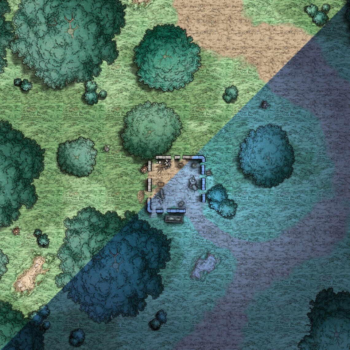 Dungeons and Dragons Forest Road and Ruins Battle Map - Night/day - Dnd ...