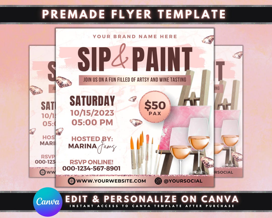 Sip and Paint Flyer, DIY Flyer Template Design, Paint Party Flyer, Paint and Sip Flyer, Sip and ...
