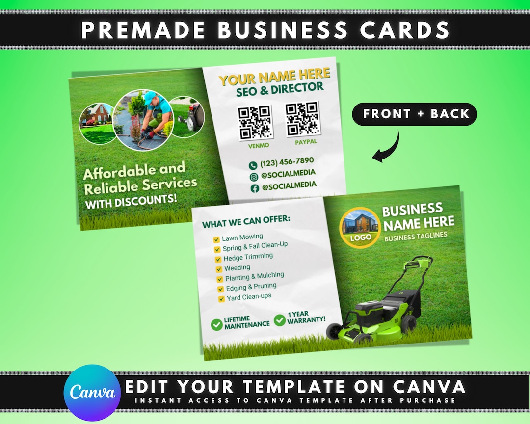 Lawn Care Business Cards, DIY Marketing Card Template Design ...