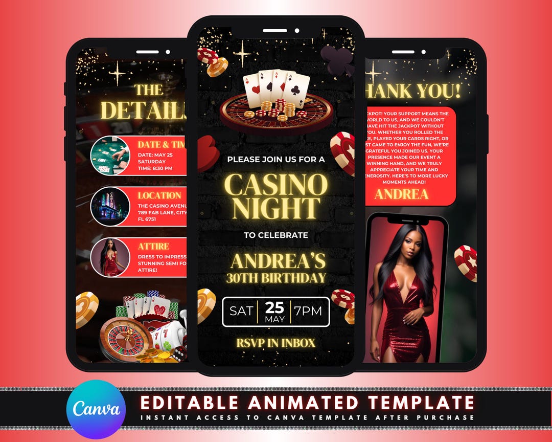 Animated Casino Night Party Invitation, DIY Template Design, Casino ...