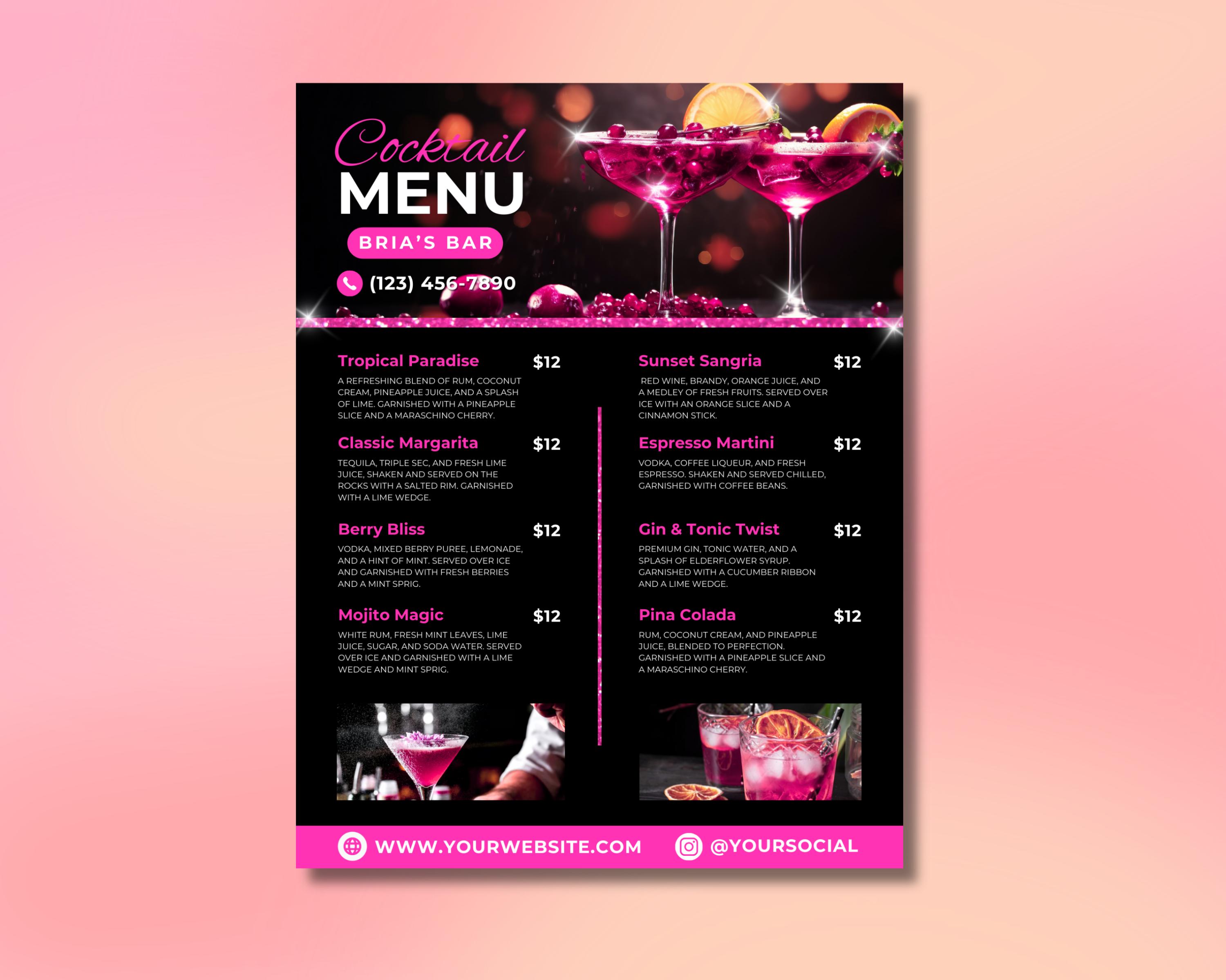 Cocktail Menu Flyer, DIY Flyer Template Design, Pink Menu Flyer ...