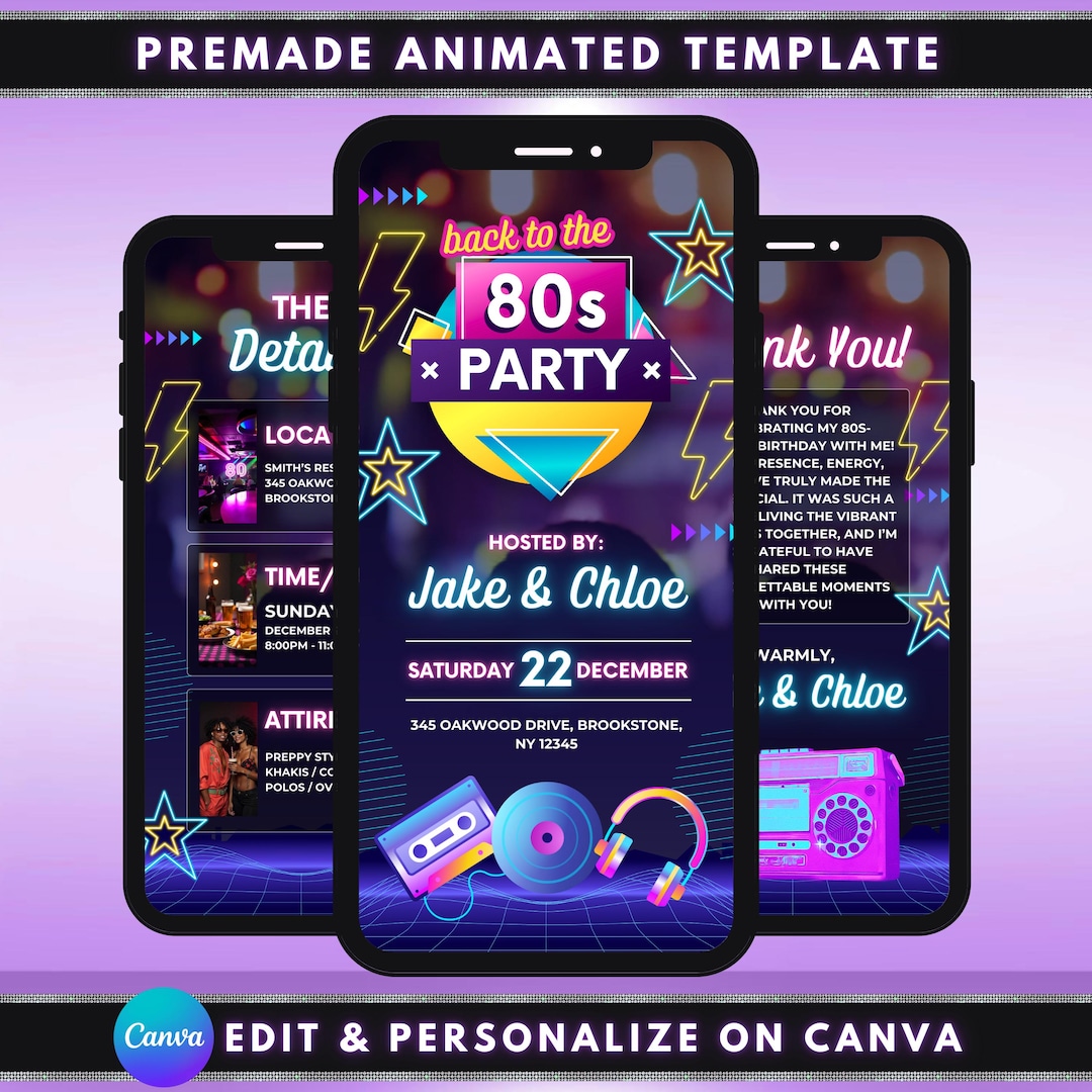 Animated Birthday Party Video Invitation, DIY Template Design, 80s Neon ...
