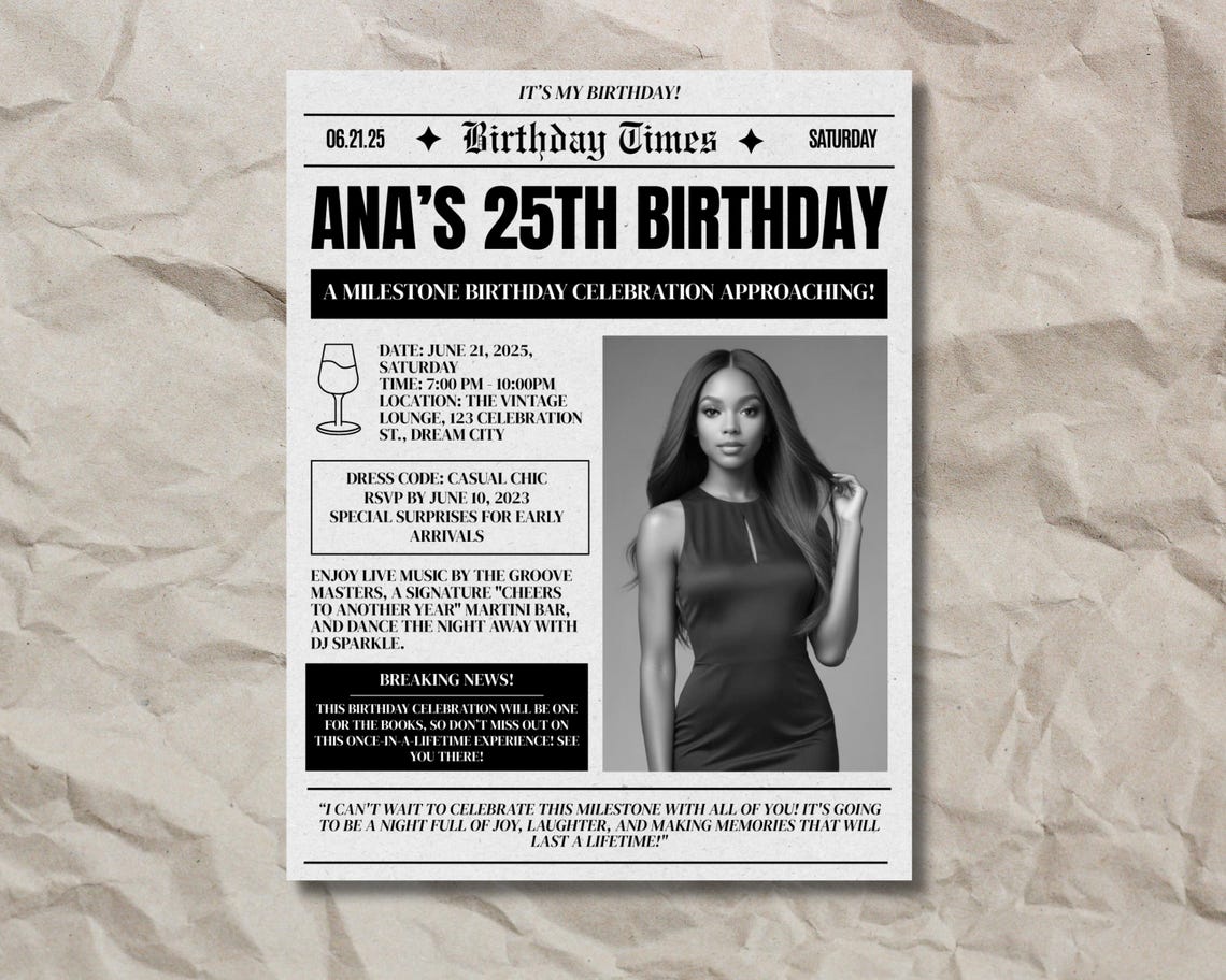 Newspaper Party Invitation, DIY Flyer Template Design, Celebration ...