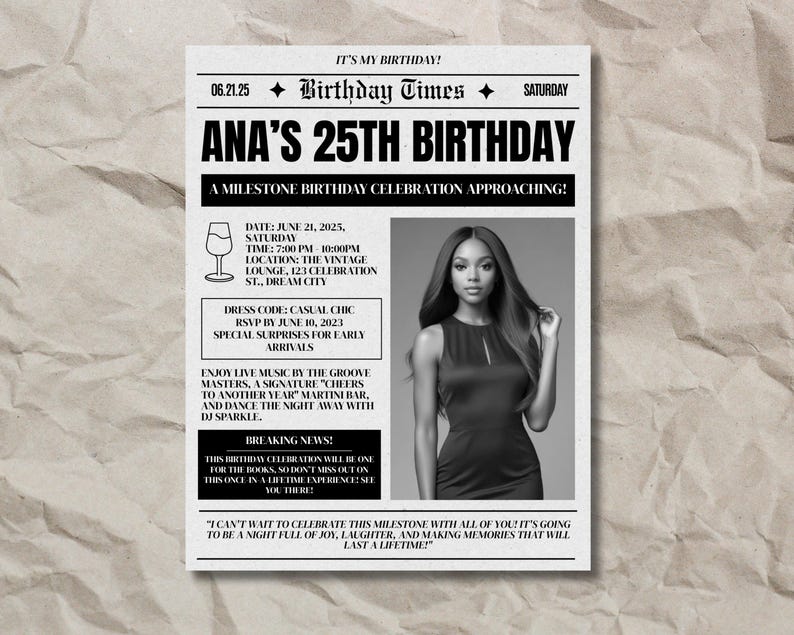 Newspaper Party Invitation, DIY Flyer Template Design, Celebration ...