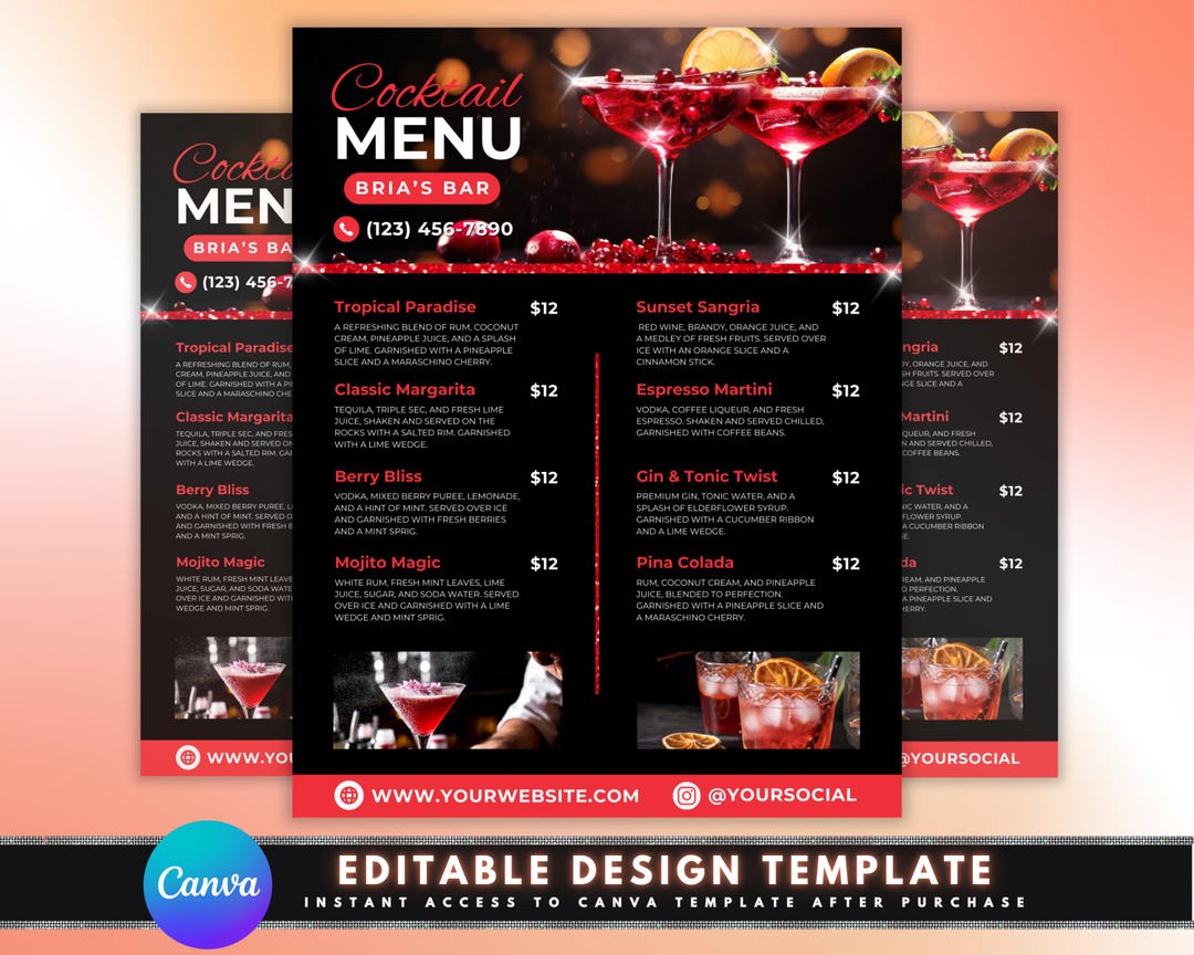 Cocktail Menu Flyer, DIY Flyer Template Design, Bar Menu Flyer ...