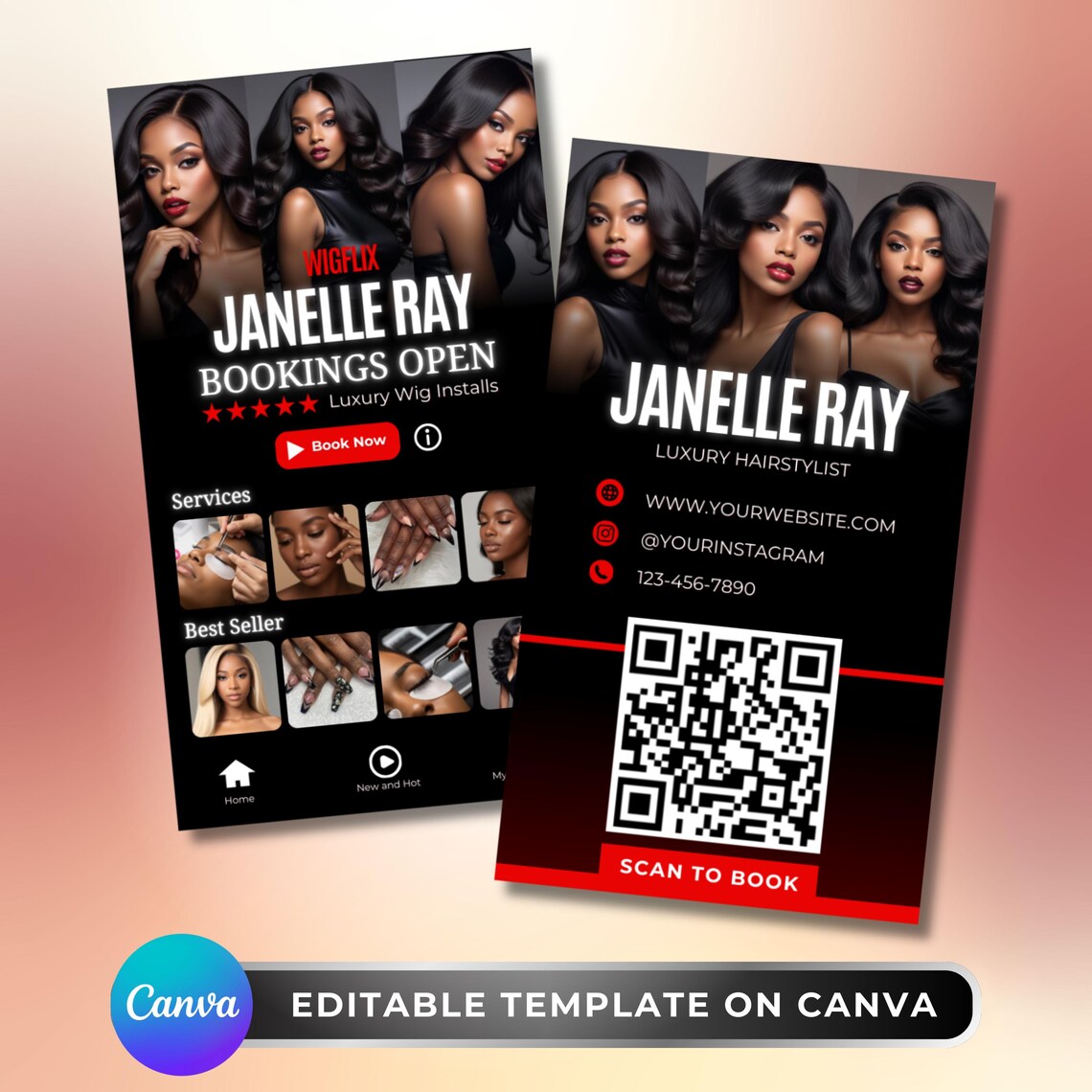 Netflix Business Cards, Luxury Wig Stylist Call Card Template, Editable ...
