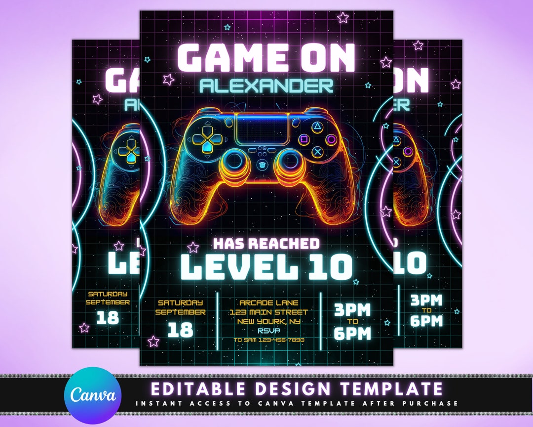 Video Game Party Flyer, DIY Flyer Template Design, Birthday Arcade ...