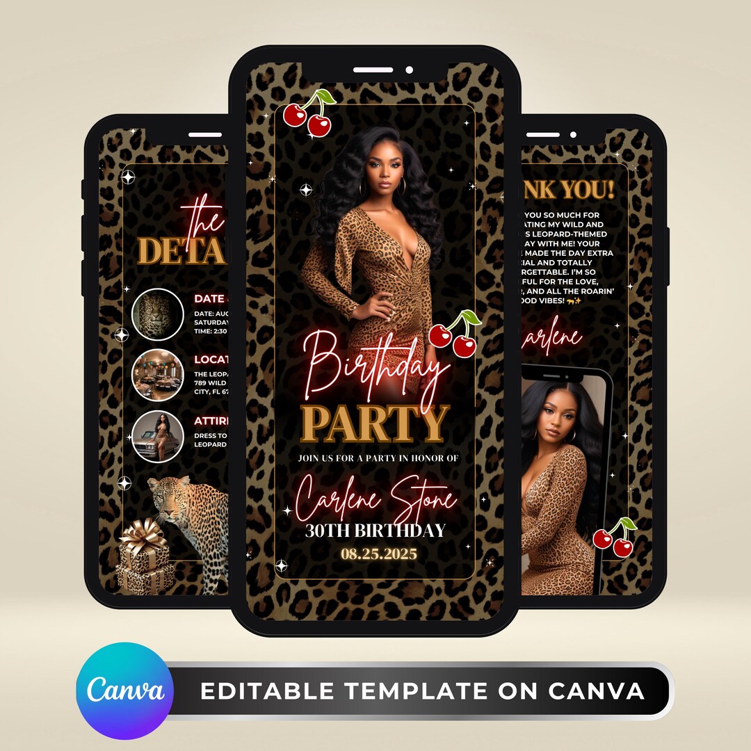 Animated Leopard Birthday Invite, DIY Template Design, Animal Print ...