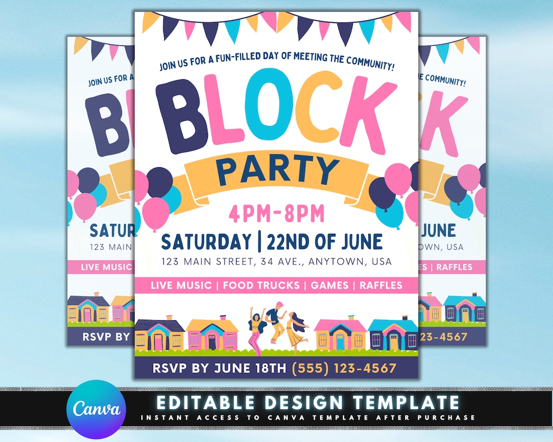 Block Party Invitation Flyer, DIY Flyer Template Design, Neighborhood ...