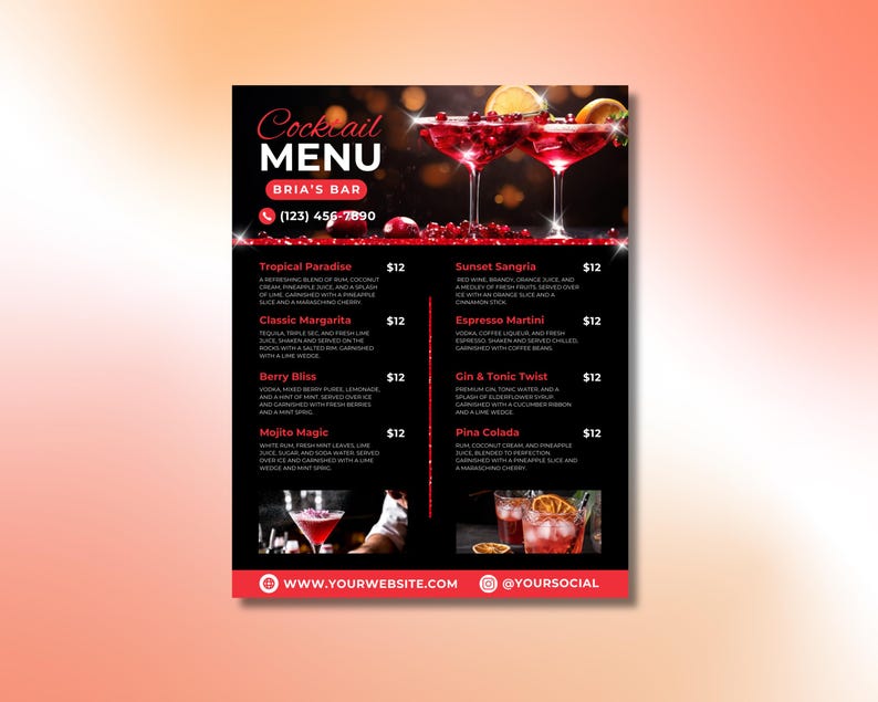 Cocktail Menu Flyer, DIY Flyer Template Design, Bar Menu Flyer ...