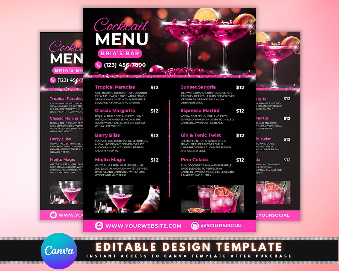 Cocktail Menu Flyer, DIY Flyer Template Design, Pink Menu Flyer ...