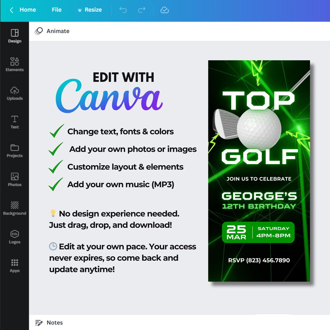 Animated Birthday Invitation, DIY Template Design, Top Golf Party Video ...