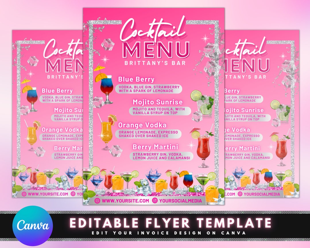 Cocktail Menu Flyer, DIY Flyer Template Design, Bar Menu Sign Flyer ...