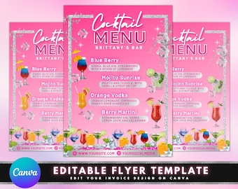 Cocktail Menu Flyer, DIY Flyer Template Design, Pink Menu Flyer ...