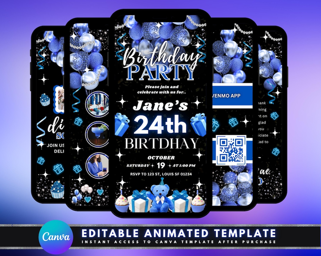 Animated Birthday Party Invitation, DIY Template Design, Blue and ...