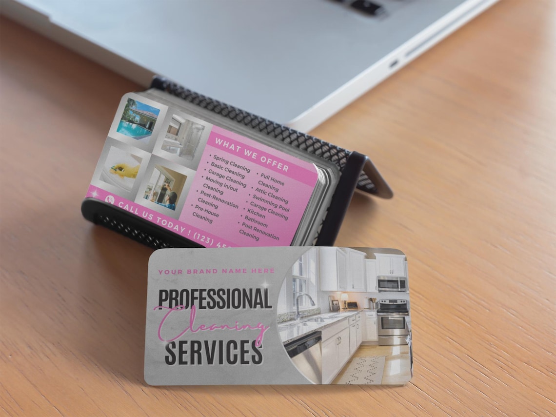 Pink Cleaning Services Business Cards, DIY Canva Template Design ...