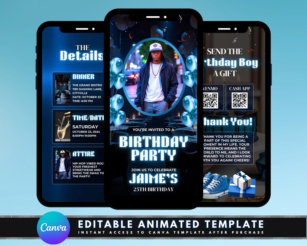 Animated Birthday Dinner Invitation, DIY Template Design, Men's Party ...