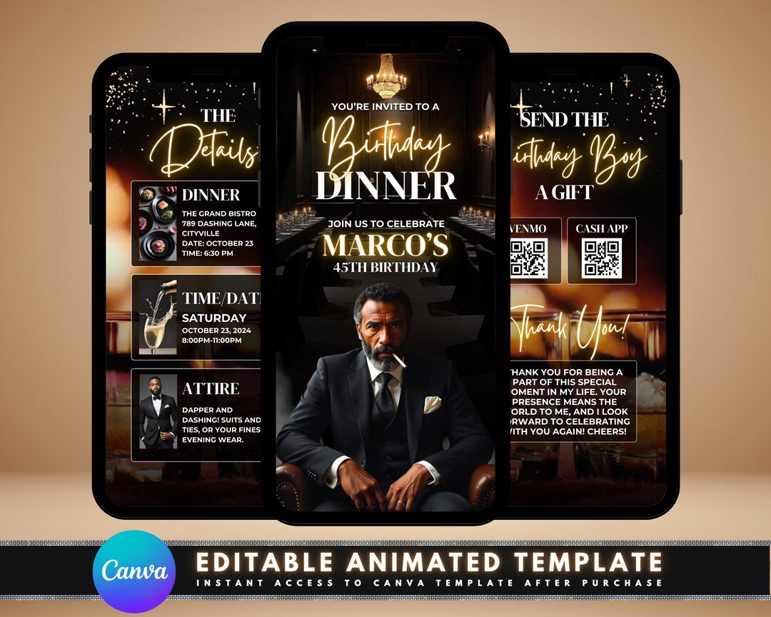 Animated Birthday Dinner Invitation, DIY Template Design, Men's Party ...
