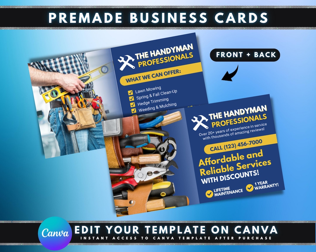 Handyman Business Cards, DIY Canva Business Card Template Design, Home ...