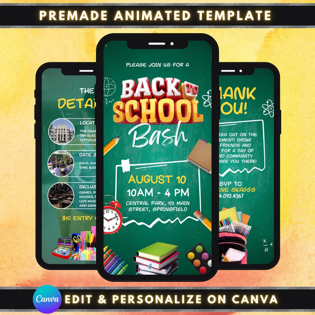 Animated Back to School Party Invitation, DIY Template Design ...