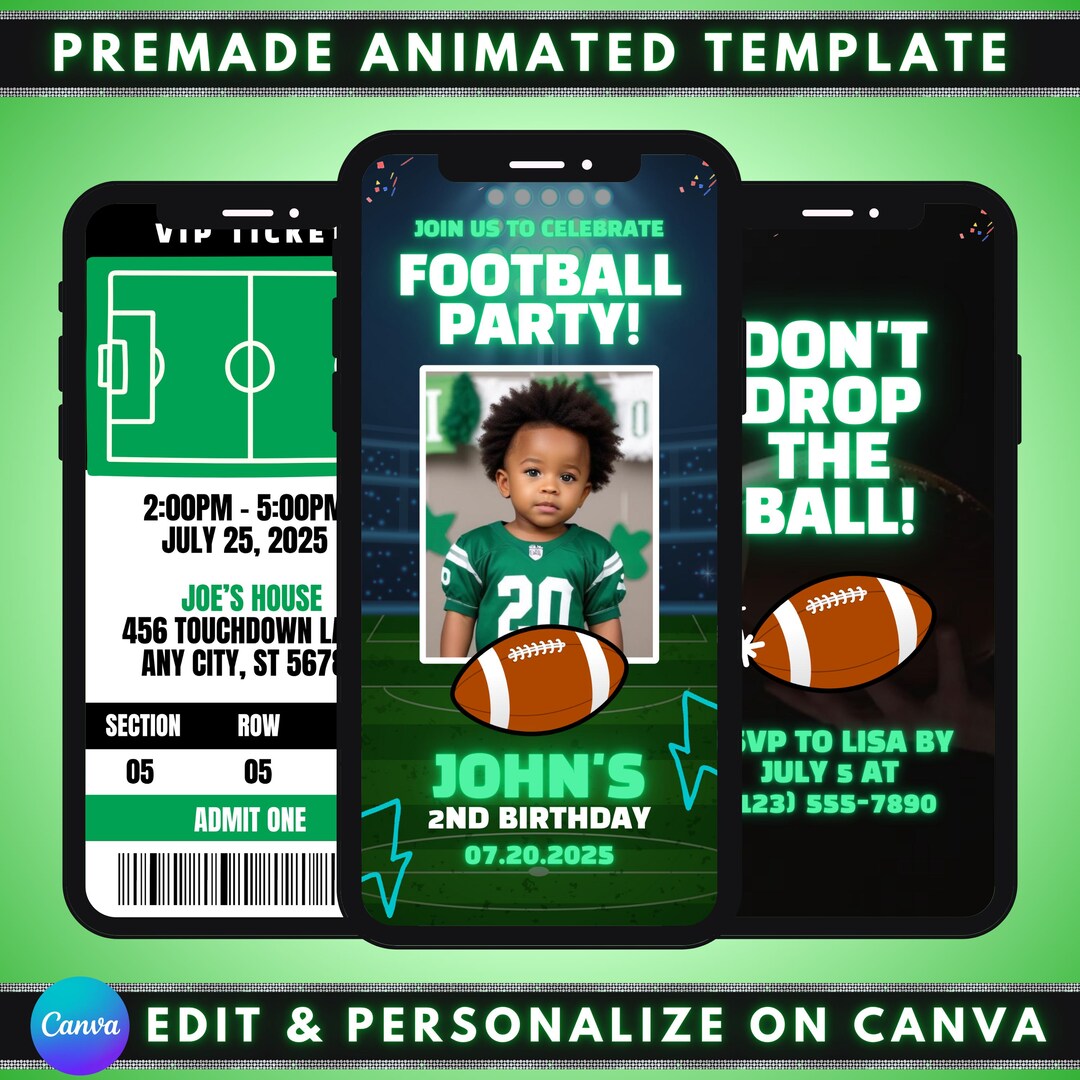 Animated Football Party Invitation, DIY Template Design, Football ...