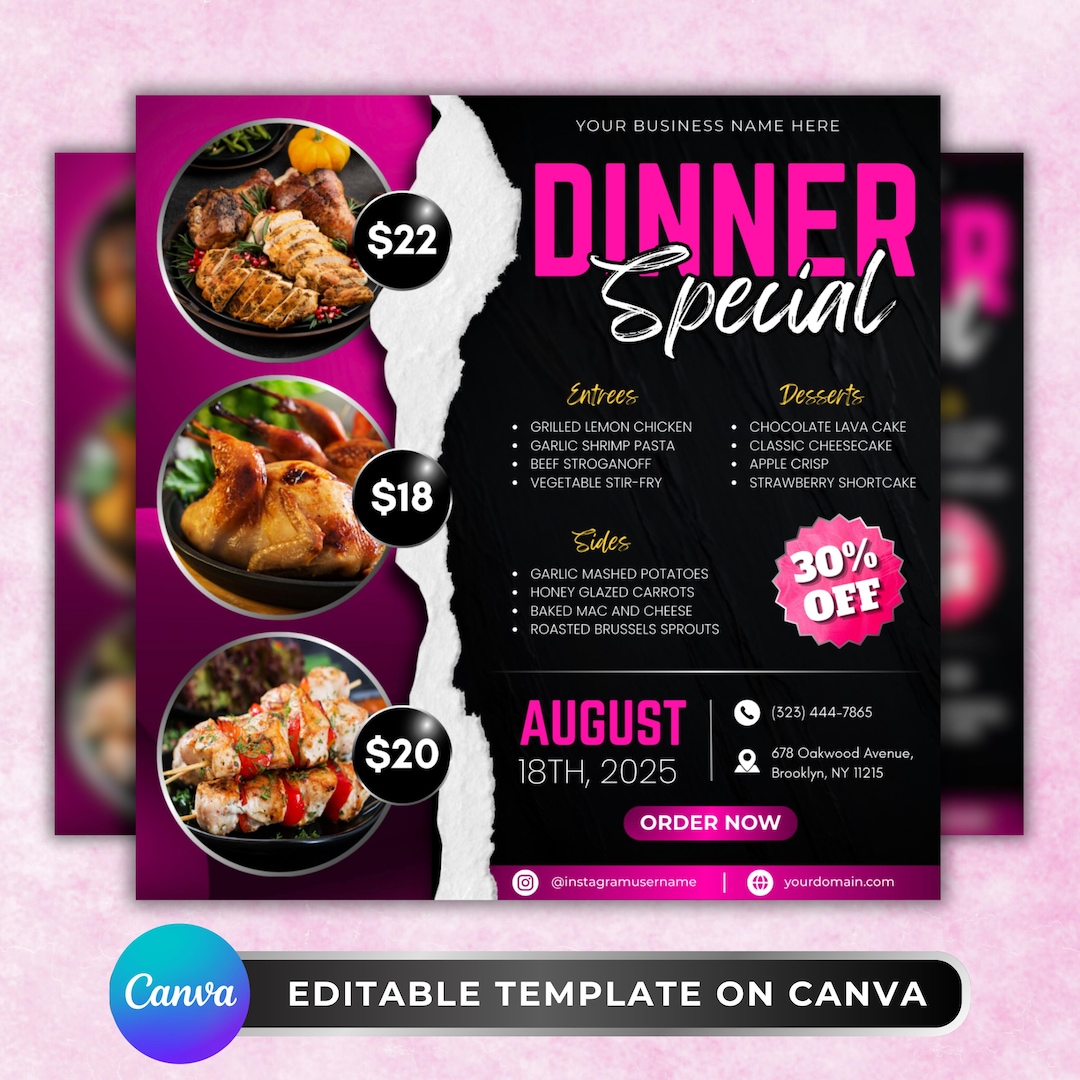 Dinner Specials Flyer, Restaurant Menu Template, Editable Food Flyer ...