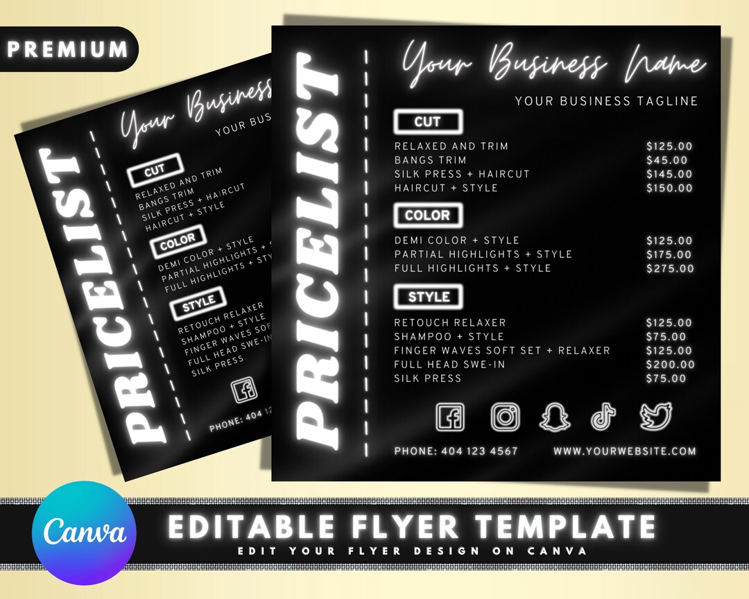 Price List, DIY Flyer Template Design, White Pricing Guide Sheet, Price ...
