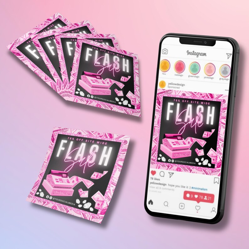 Flash Sale Social Media Template, Pink Glitter Sale Flyer, Editable ...