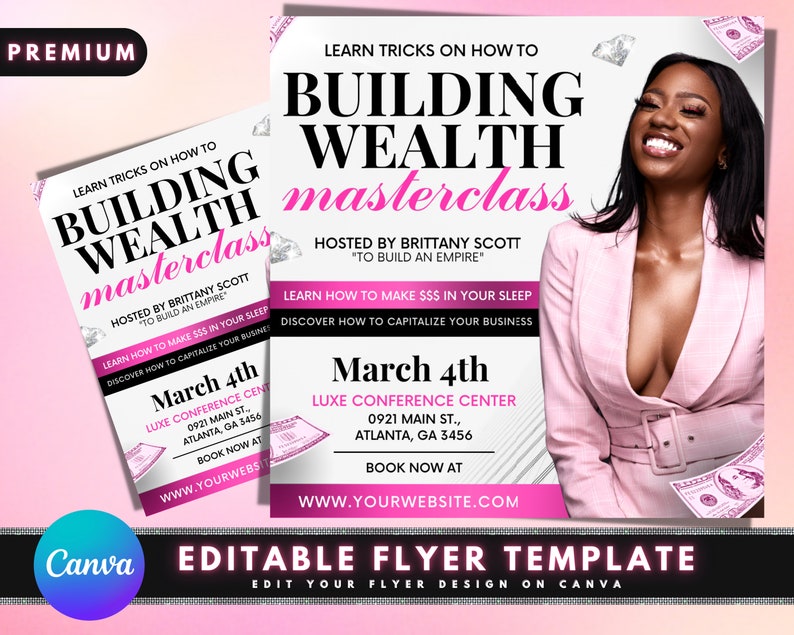 Wealth Masterclass Flyer, DIY Flyer Template Design, Influencer Training Flyer, Hair Lash Beauty ...