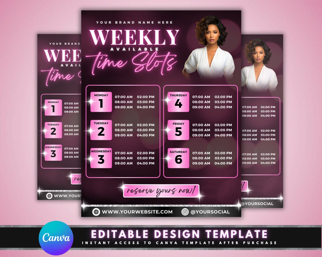 Weekly Time Slots Flyer, DIY Flyer Template Design, Weekly Availability ...