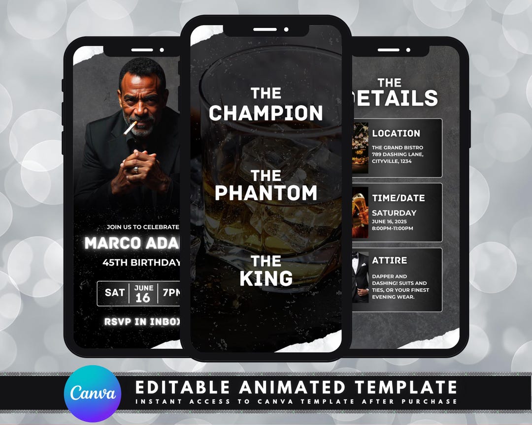 Animated Birthday Dinner Invitation, DIY Template Design, Men's Party ...