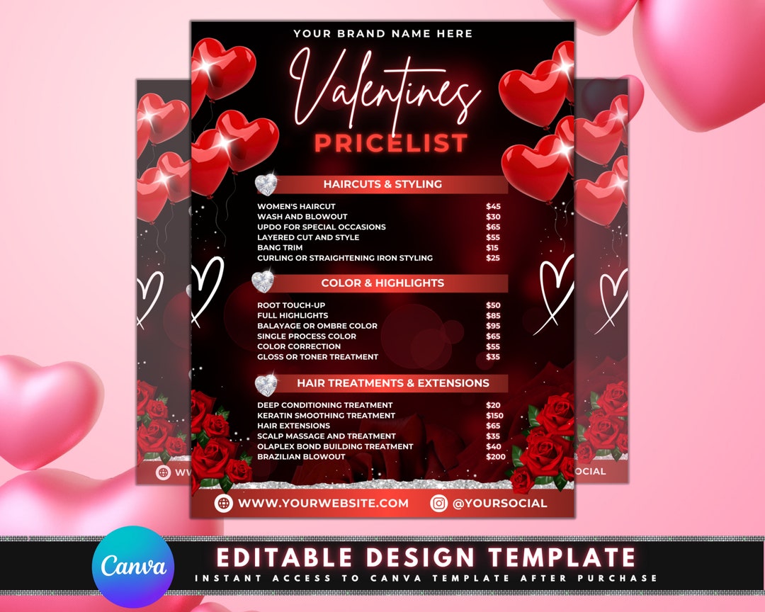 Valentines Price List Template, DIY Flyer Template Design, Salon ...